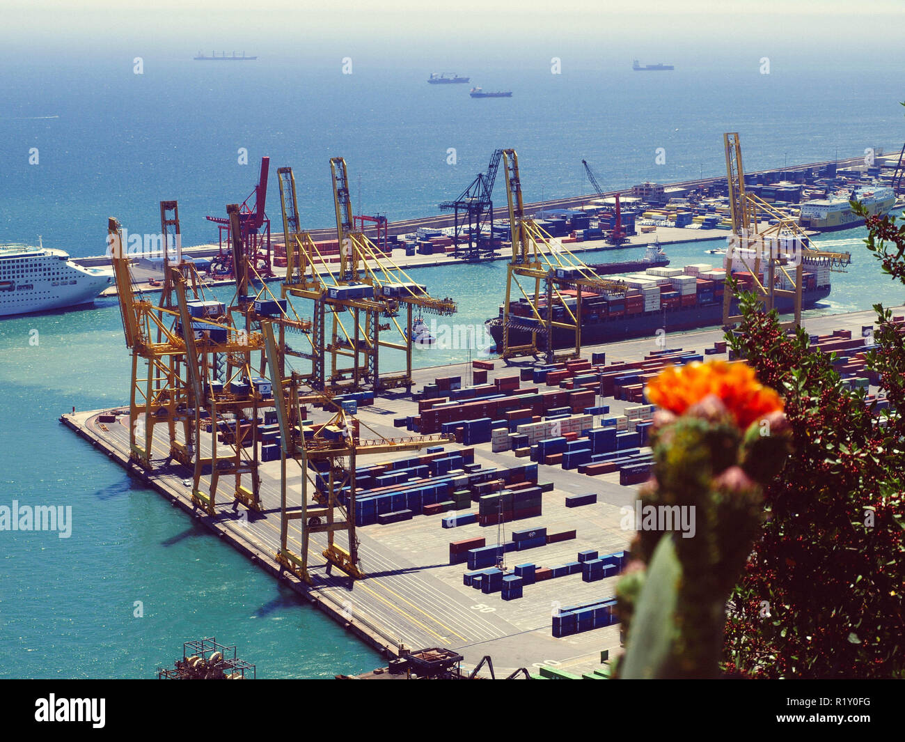 Commercial port with container ship - Aerial footage Stock Photo - Alamy