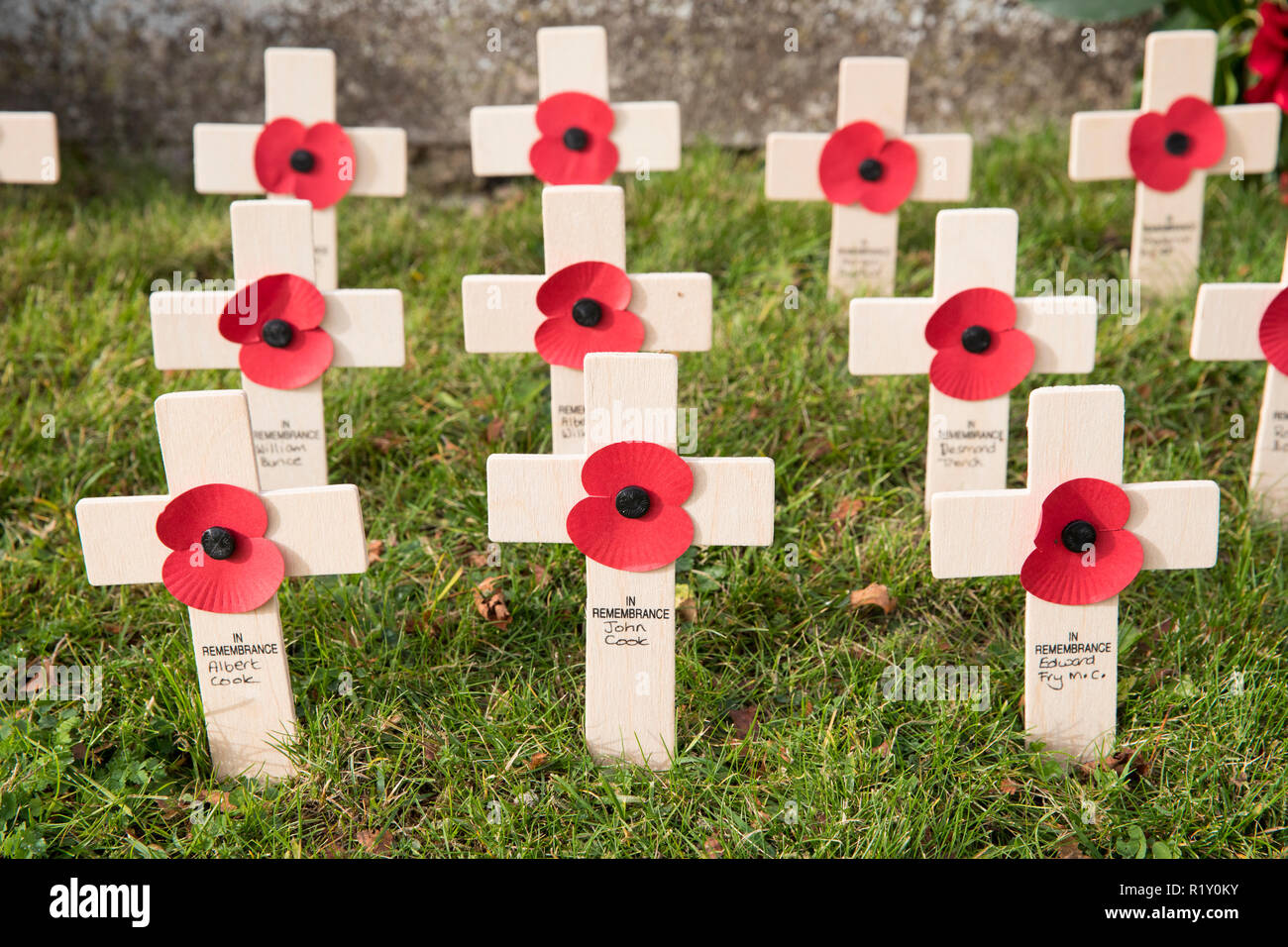 Remembrance crosses and poppies at war memorial for The Great War 1914 ...