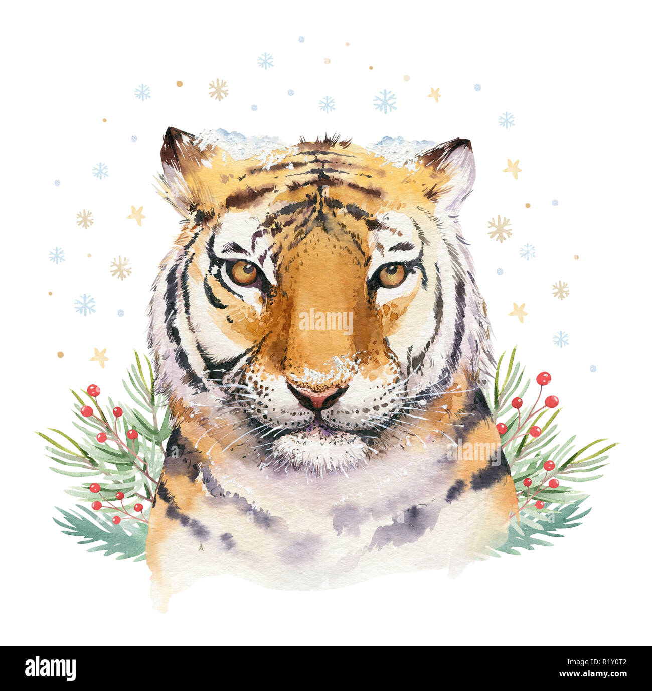 Merry Christmas watercolor lettering with isolated cute cartoon ...