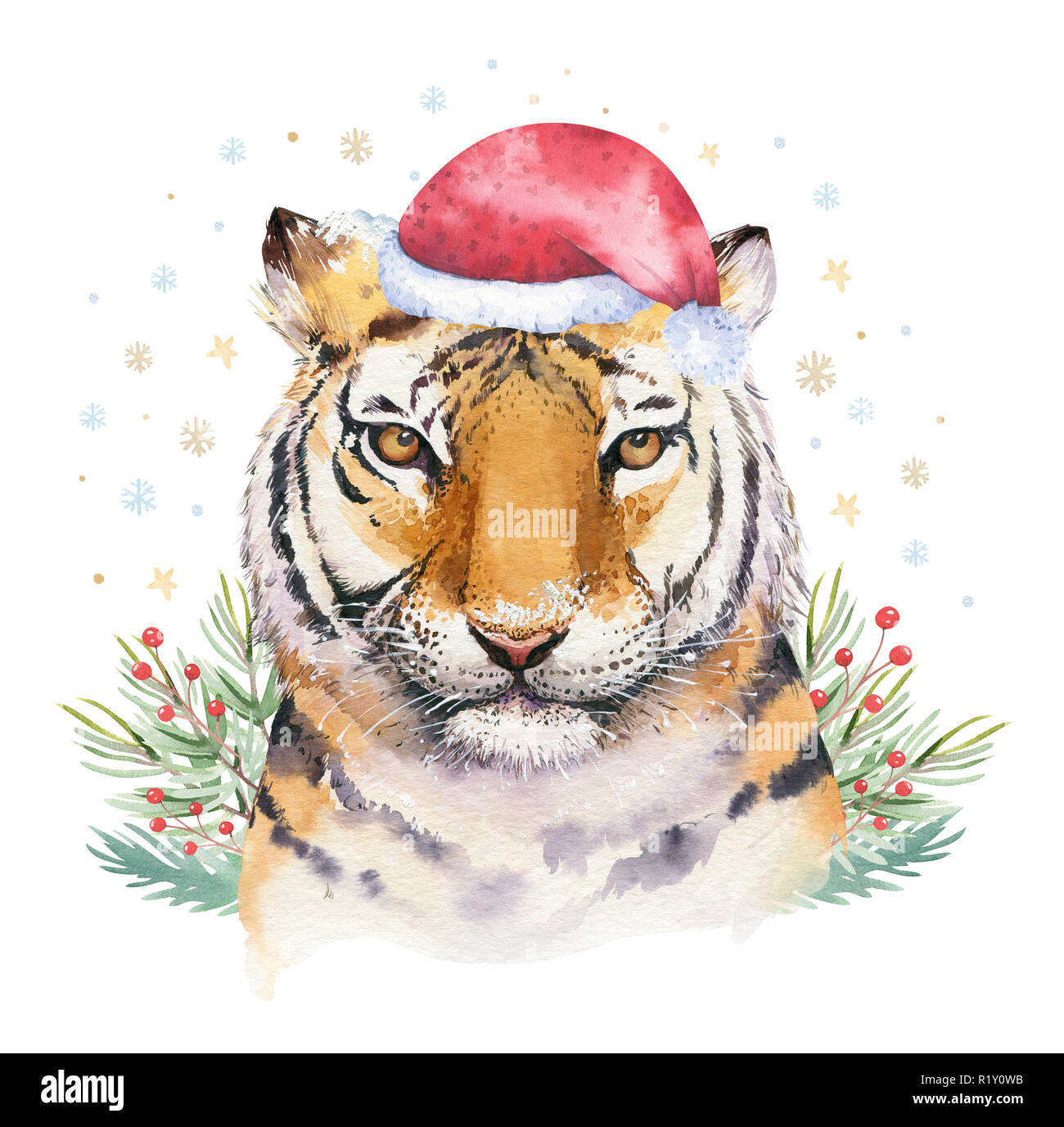 Merry Christmas watercolor lettering with isolated cute cartoon ...