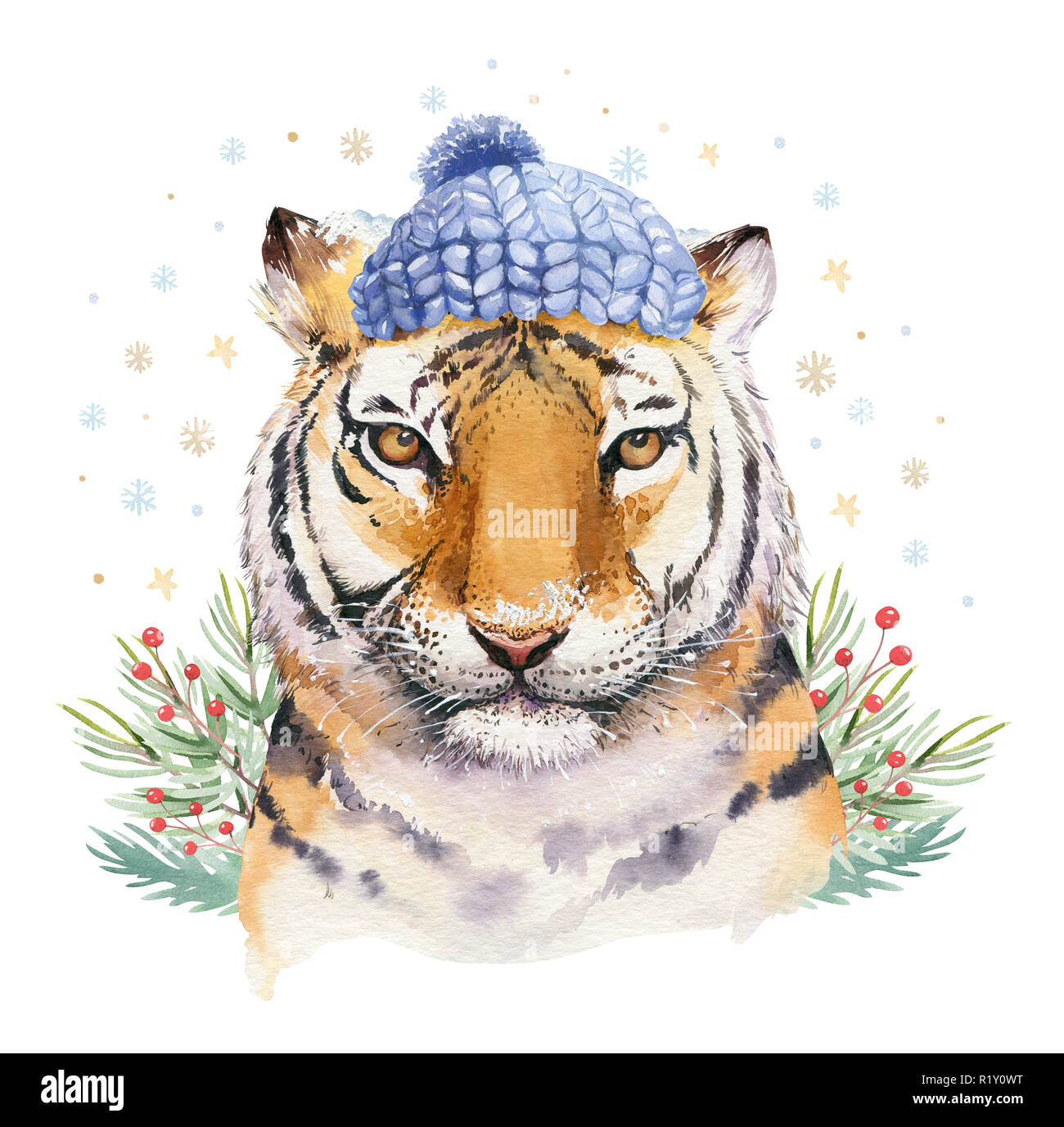 Merry Christmas watercolor lettering with isolated cute cartoon ...