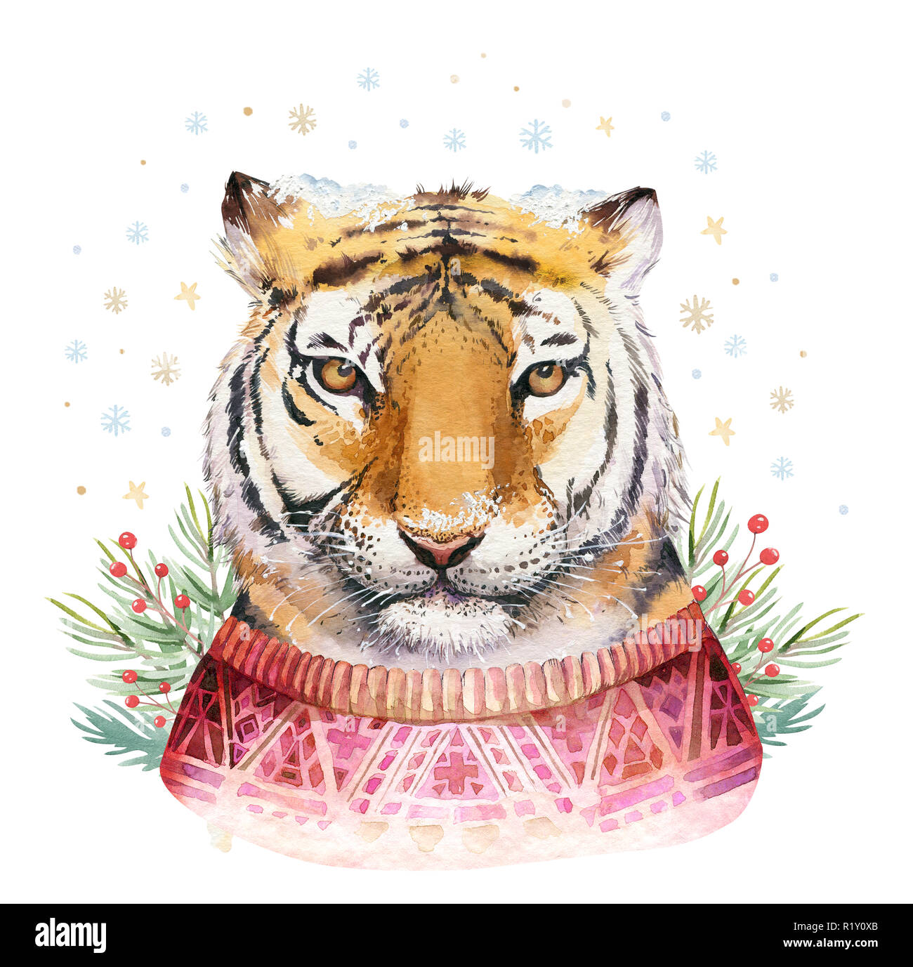 Merry Christmas watercolor lettering with isolated cute cartoon ...