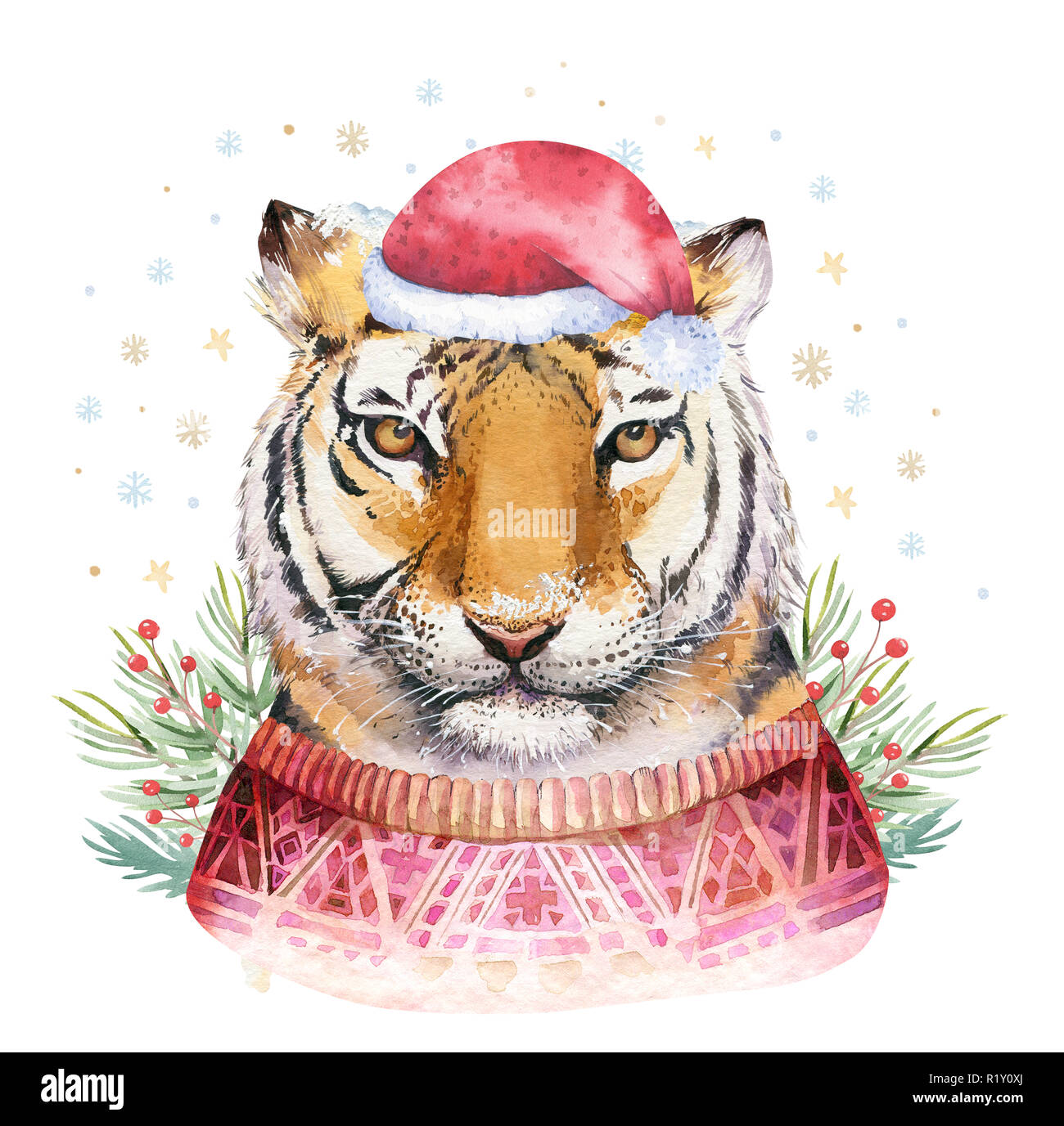 Merry Christmas watercolor lettering with isolated cute cartoon ...