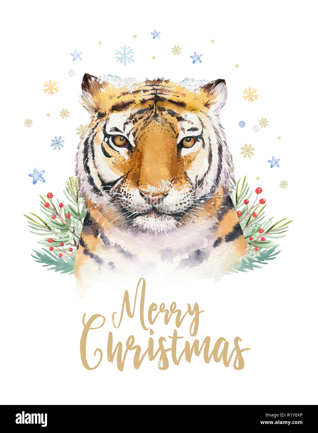 Merry Christmas watercolor lettering with isolated cute cartoon ...