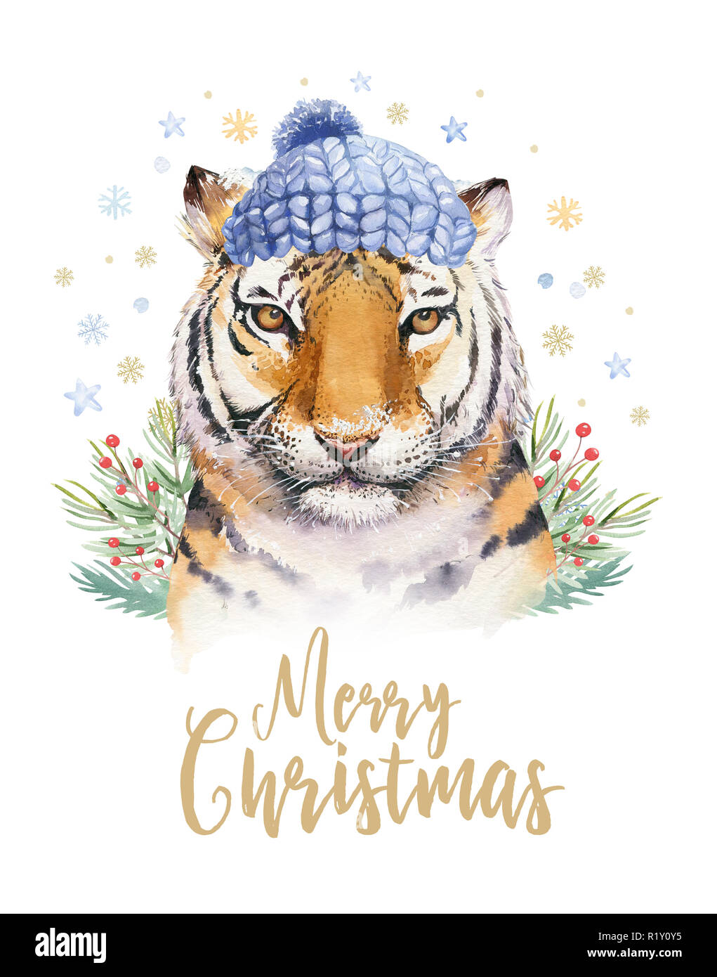 Merry Christmas watercolor lettering with isolated cute cartoon ...