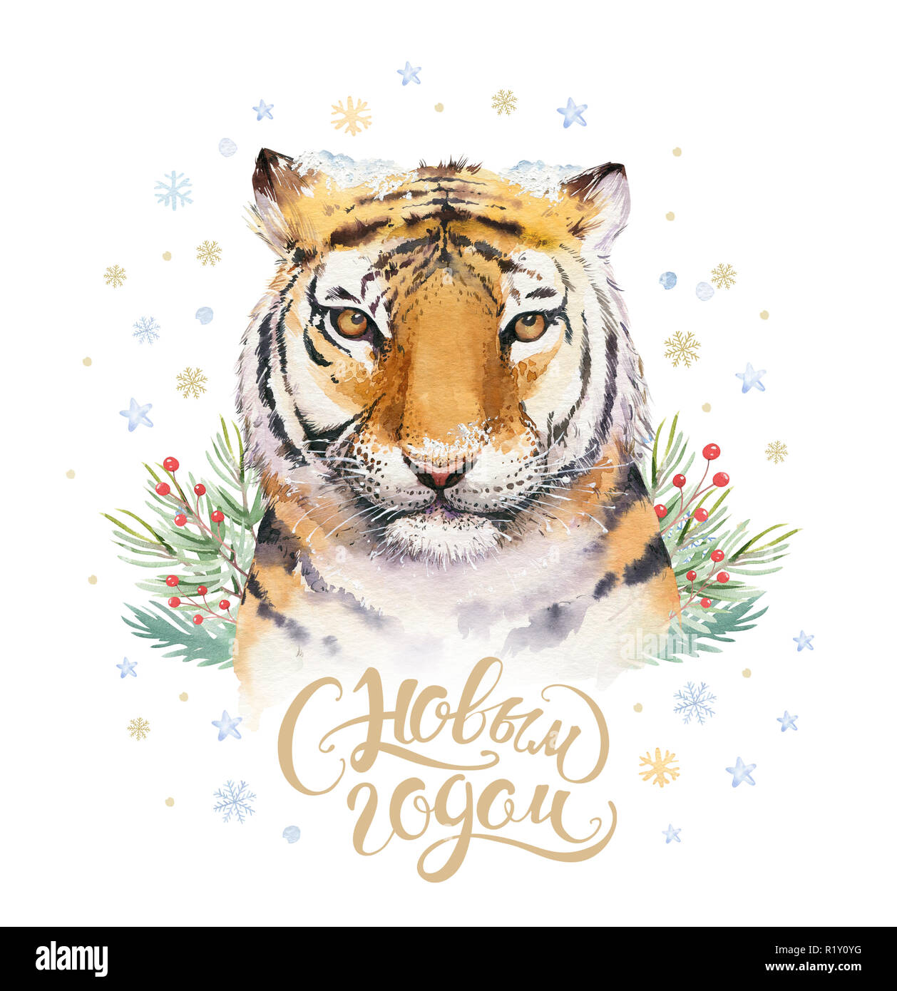 Merry Christmas watercolor lettering with isolated cute cartoon ...