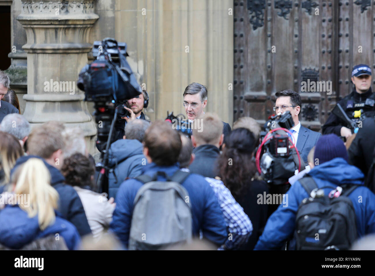 London, UK.15th Nov, 2018. Jacob William Rees-Mogg MP is surrounded by ...