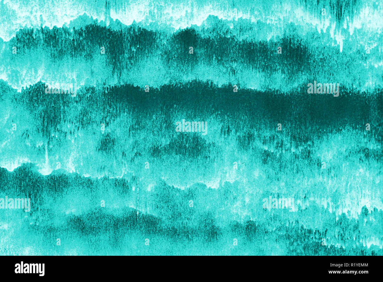 Dyed metal surface with rusty wavy stains toned in turquoise as a ...