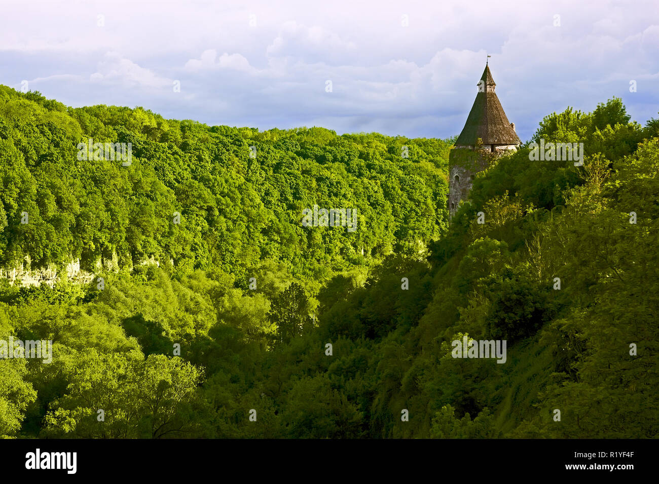 Green steep slope near the Smotrych River in the city Kamianets ...
