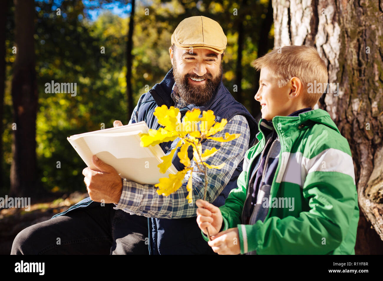 Positive nice father and son studying botany Stock Photo - Alamy