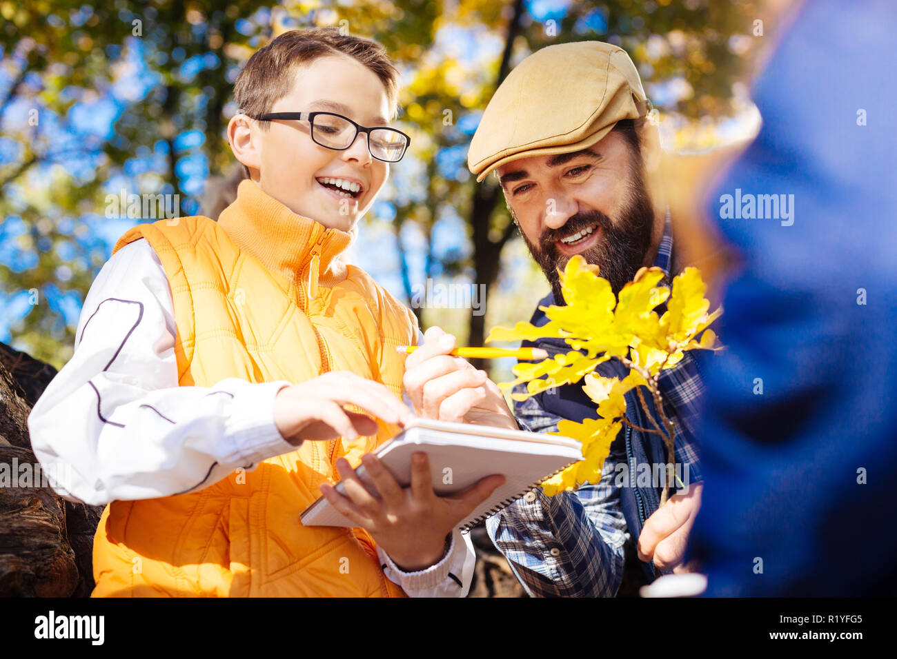 Delighted smart boy trying to draw a tree branch Stock Photo - Alamy