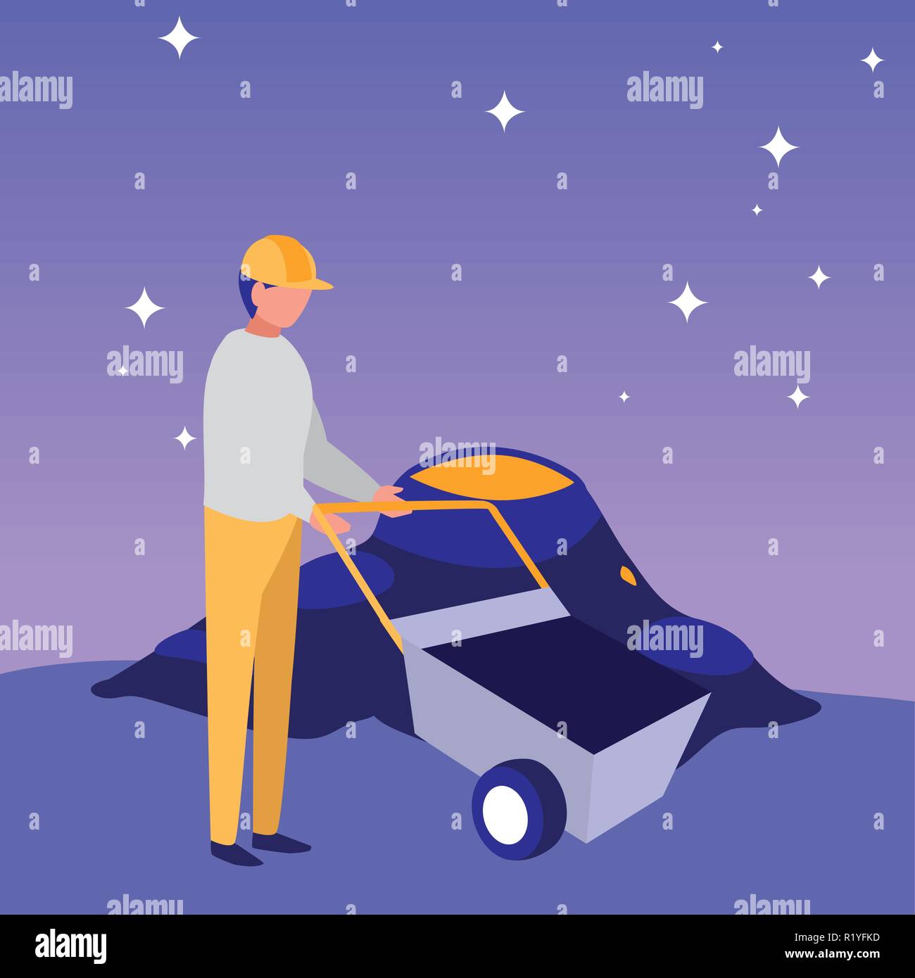 man with safety helmet and wheelbarrow over landscape background ...