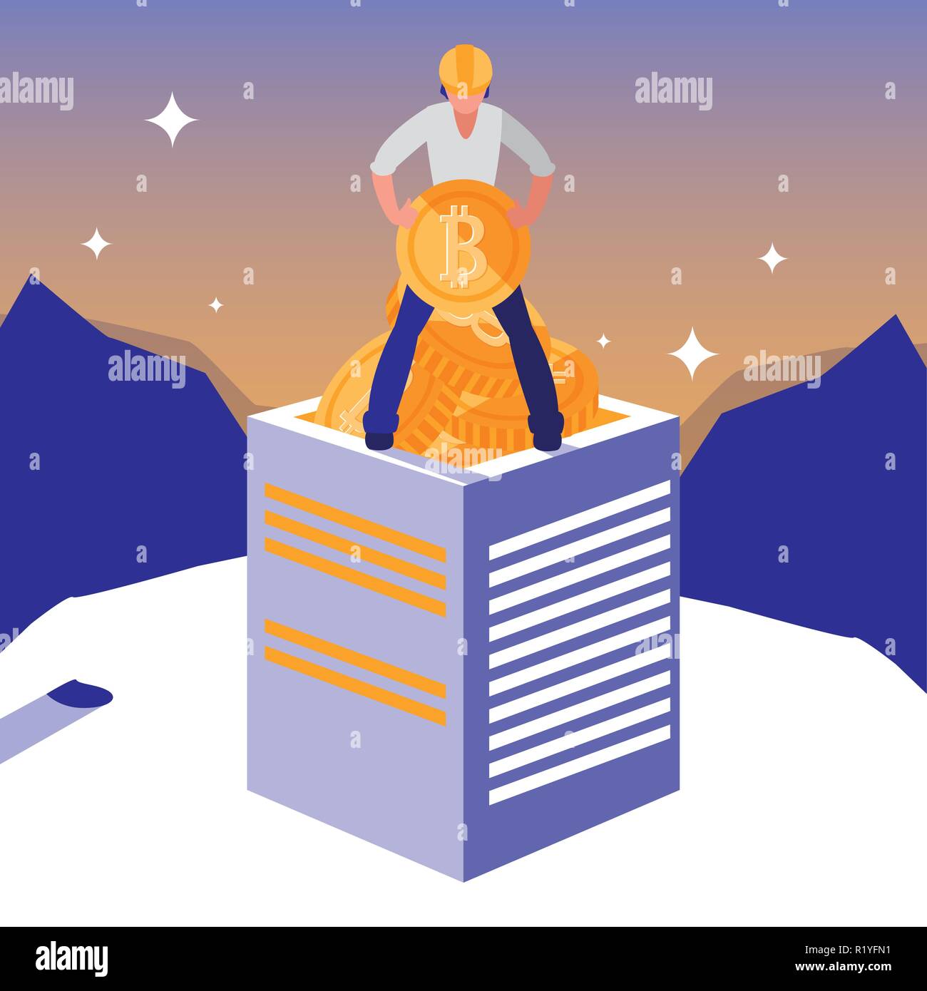 man on a cube with bitcoin coins over white background, vector ...