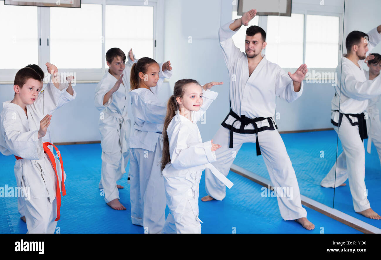 Smiling children training to master new moves during karate class Stock ...