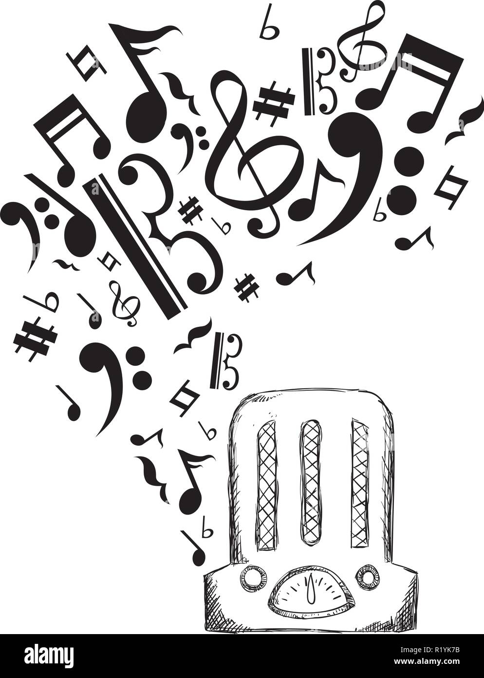 old radio with music notes pattern vector illustration design Stock ...