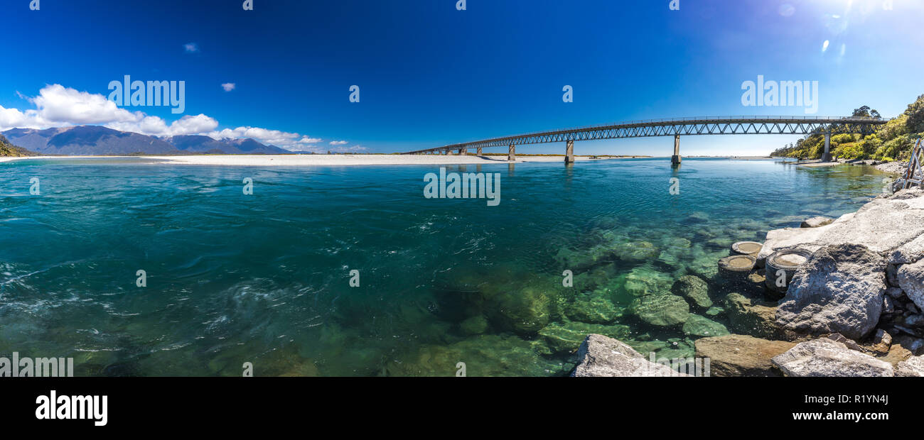 New Zealand's longest one-lane bridge over the Haast River, South ...