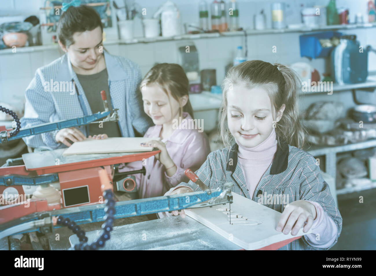 Diligent student practical work on carving a lesson applied art Stock ...