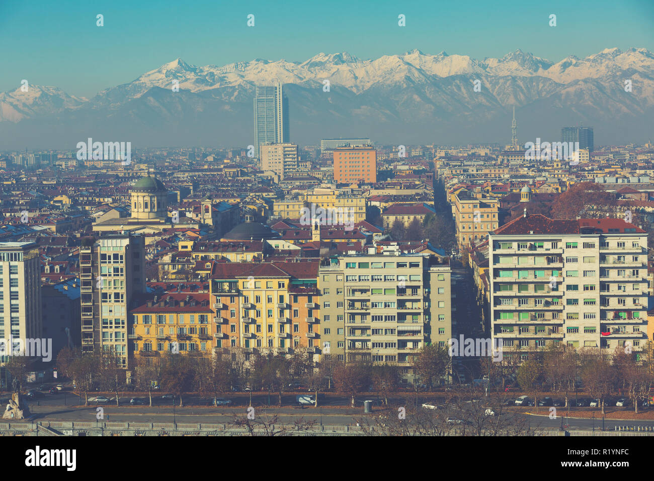 Image of european city Turin old buildings and mountains, Italy Stock ...