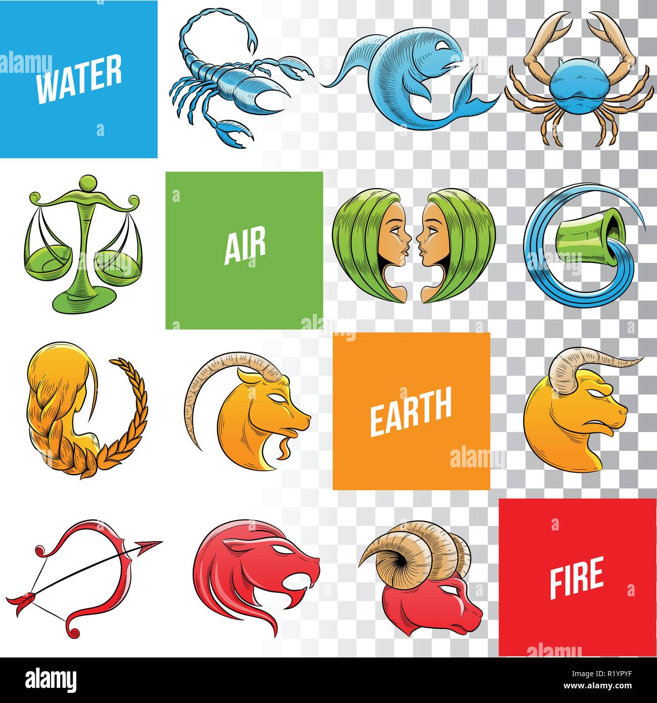 Vector Illustration of Colorful Zodiac Signs Sketches isolated on a ...