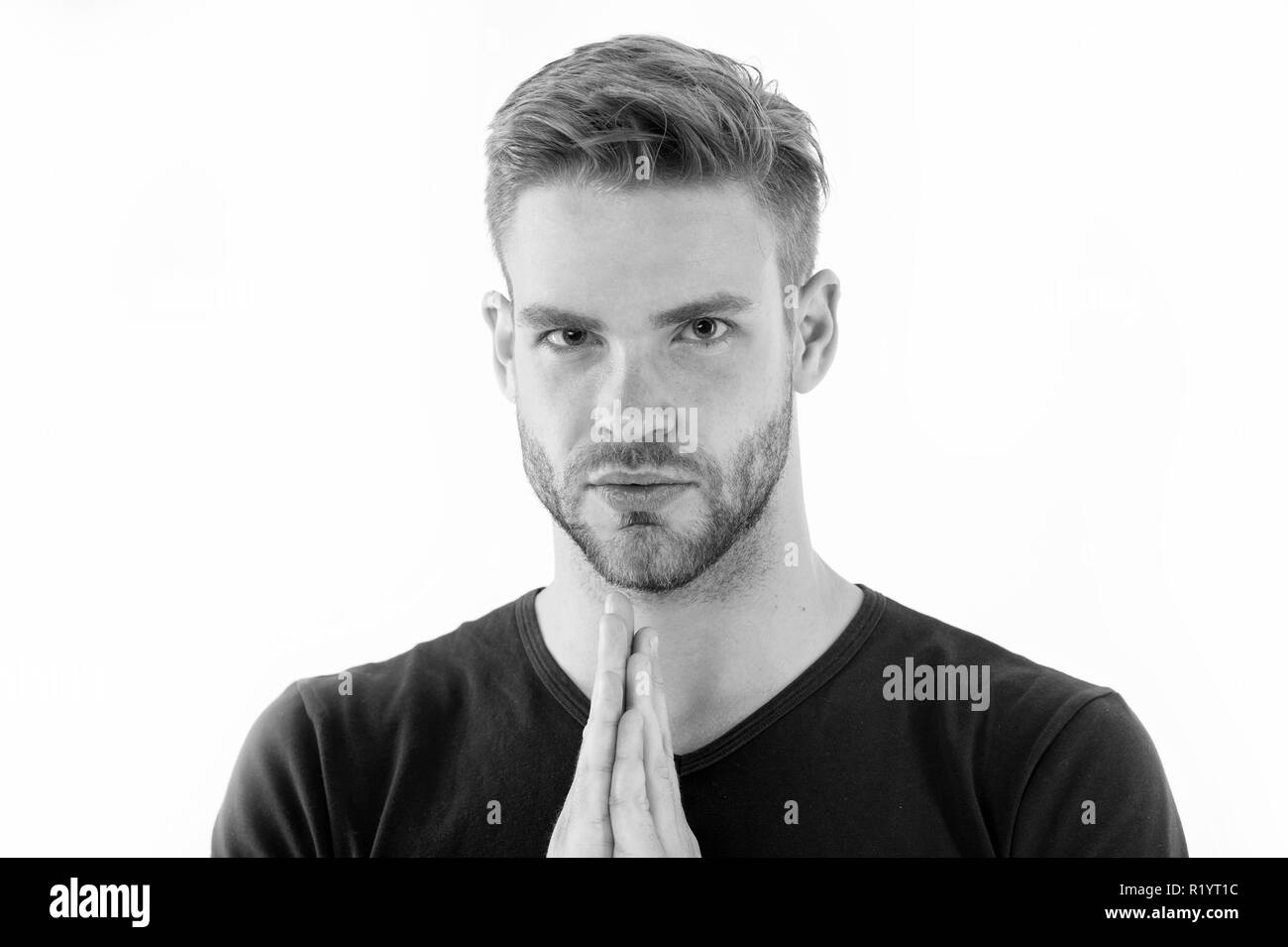 Bearded man pray isolated on white. Guy prayer hold hands clasped near ...