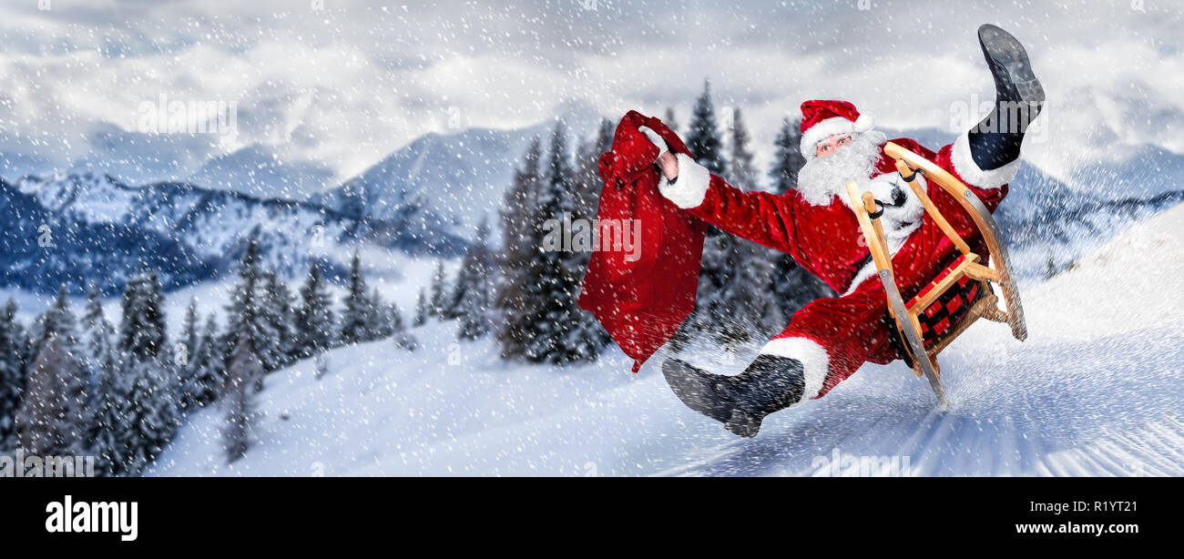 late Santa claus in a hurry with traditional red white costume and big ...