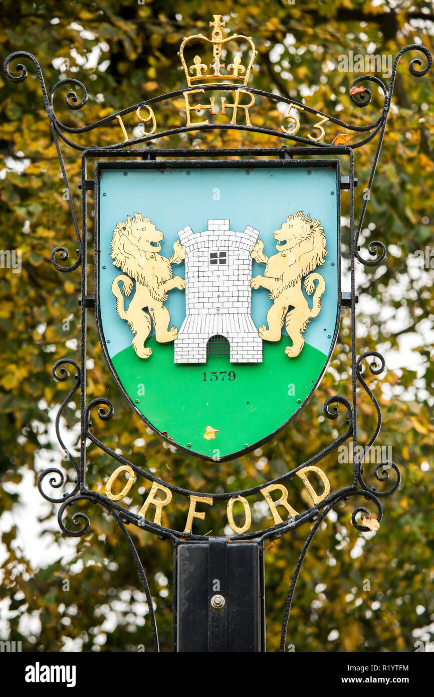 Old traditional village sign in typical quaint Orford village in ...