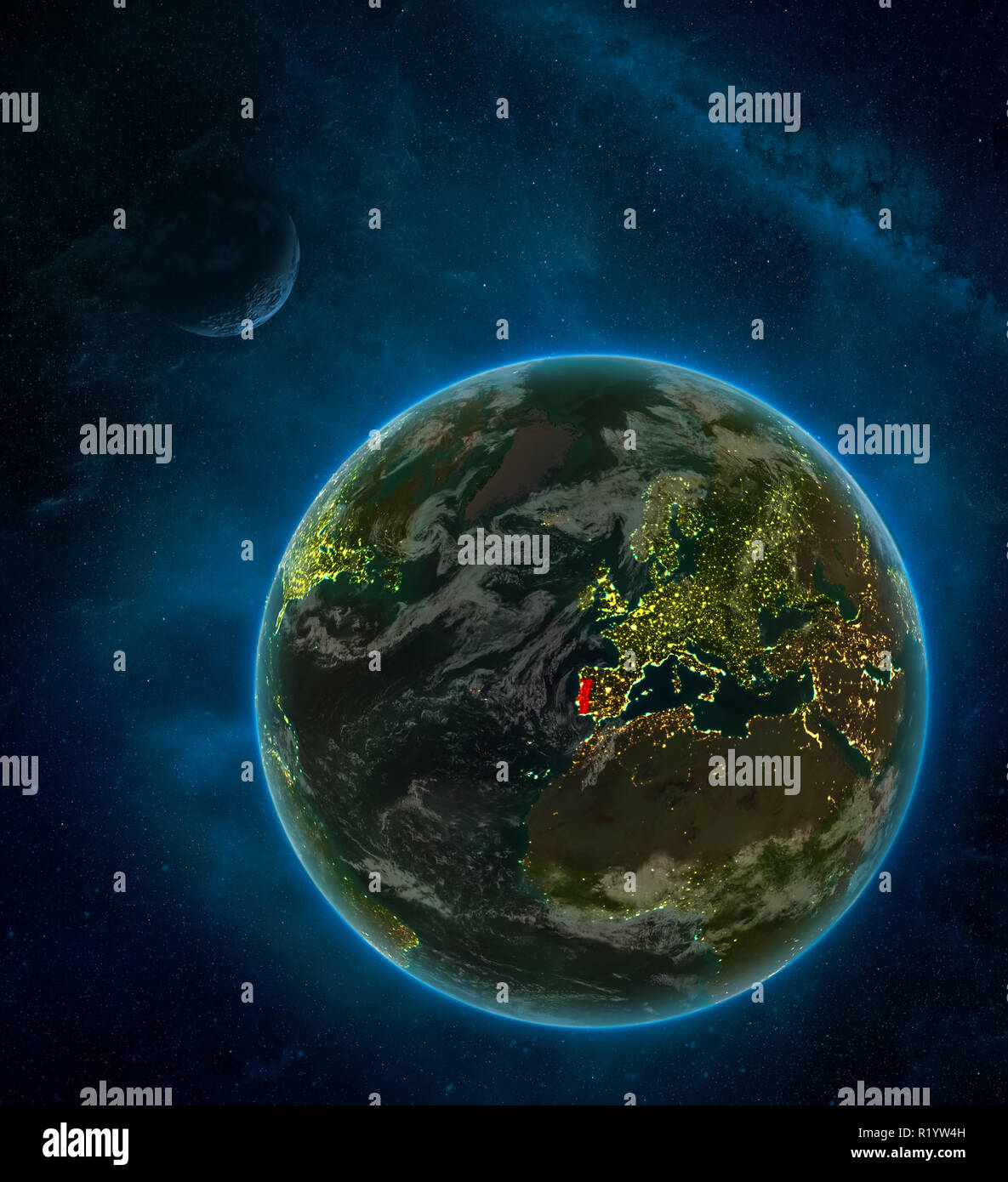 Portugal from space on Earth at night surrounded by space with Moon and ...