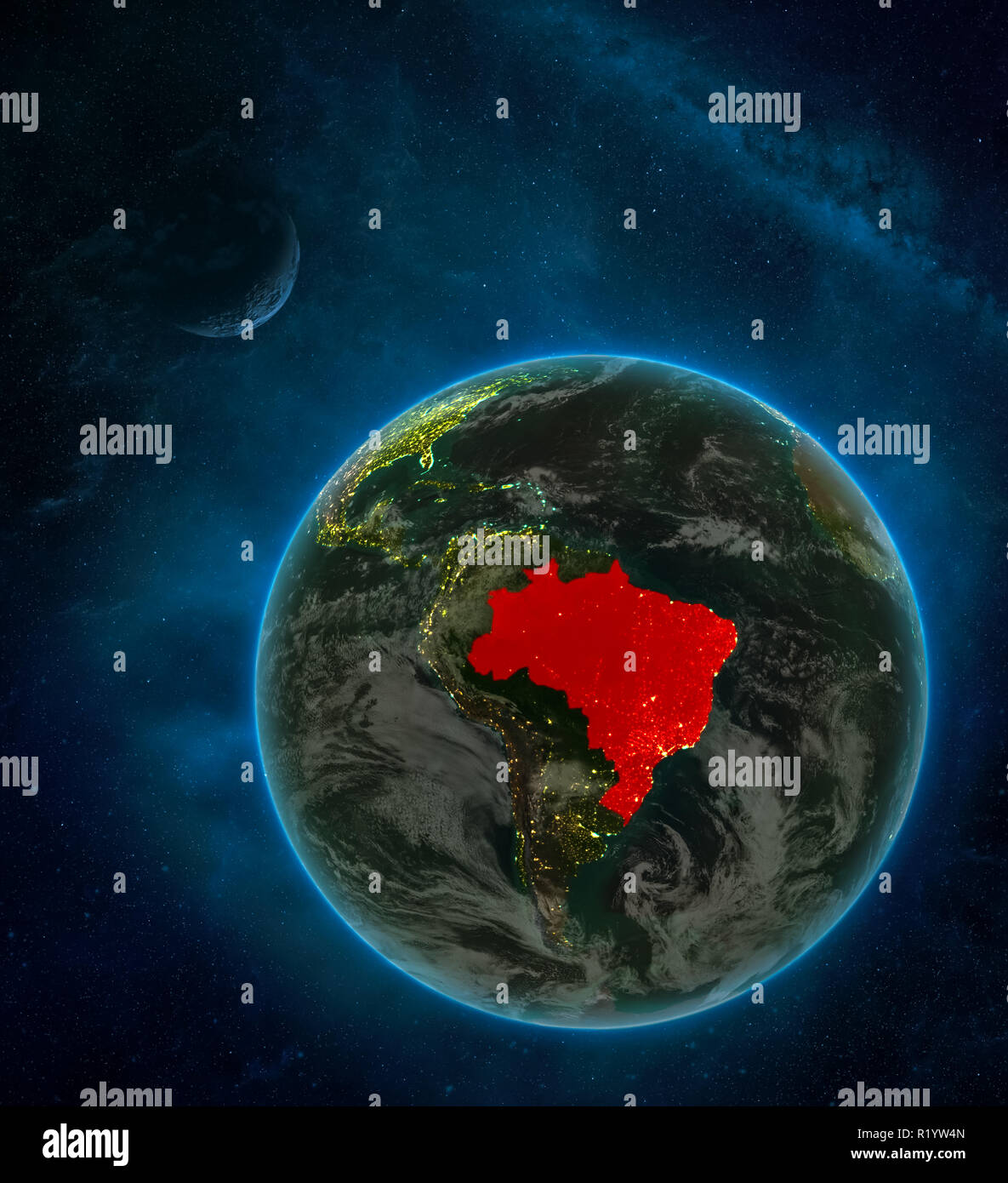 Brazil from space on Earth at night surrounded by space with Moon and ...