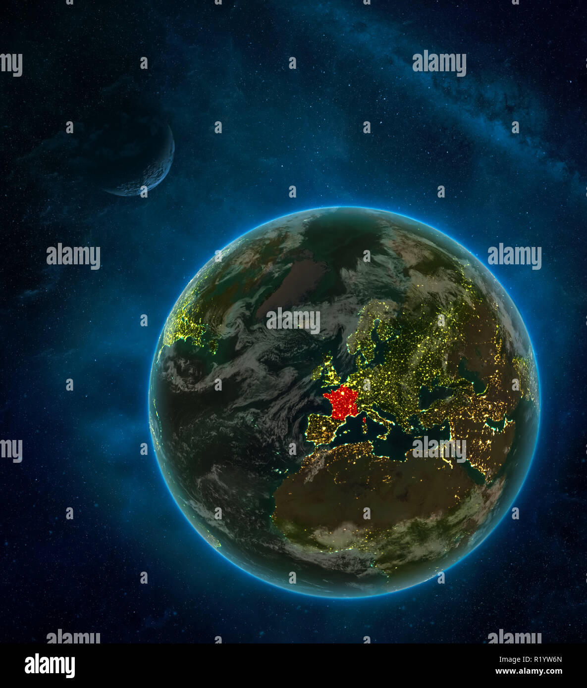 France from space on Earth at night surrounded by space with Moon and ...