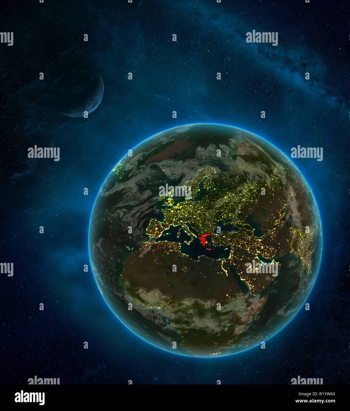 Greece from space on Earth at night surrounded by space with Moon and ...