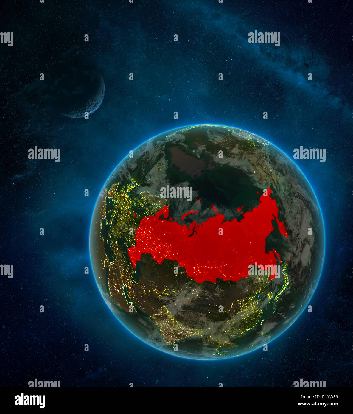 Russia from space on Earth at night surrounded by space with Moon and ...