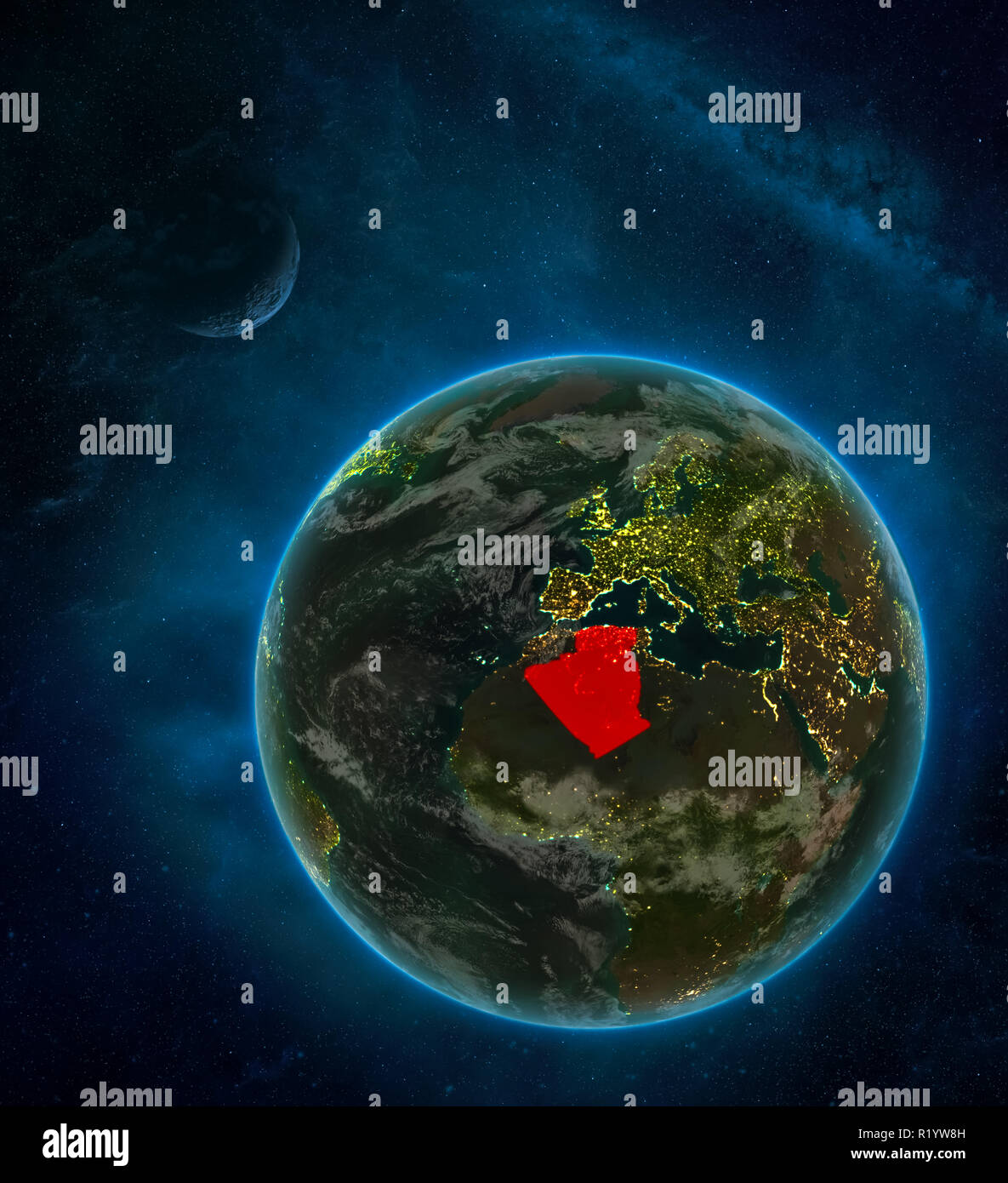 Algeria from space on Earth at night surrounded by space with Moon and ...