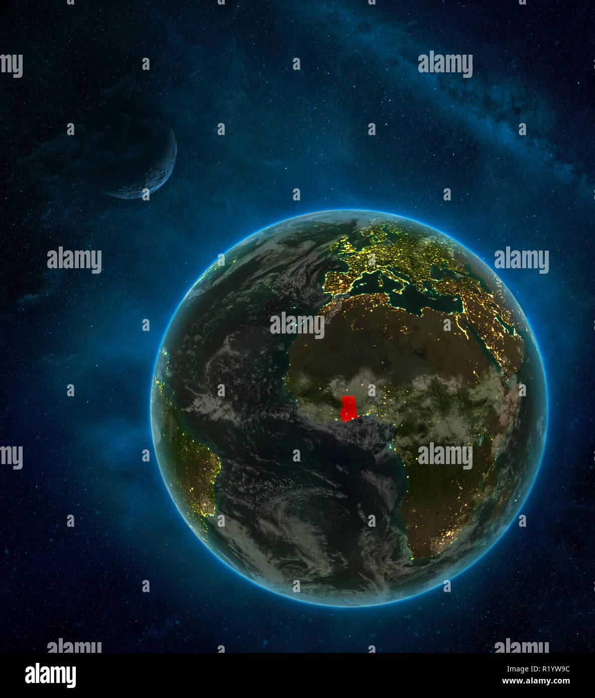Ghana from space on Earth at night surrounded by space with Moon and ...