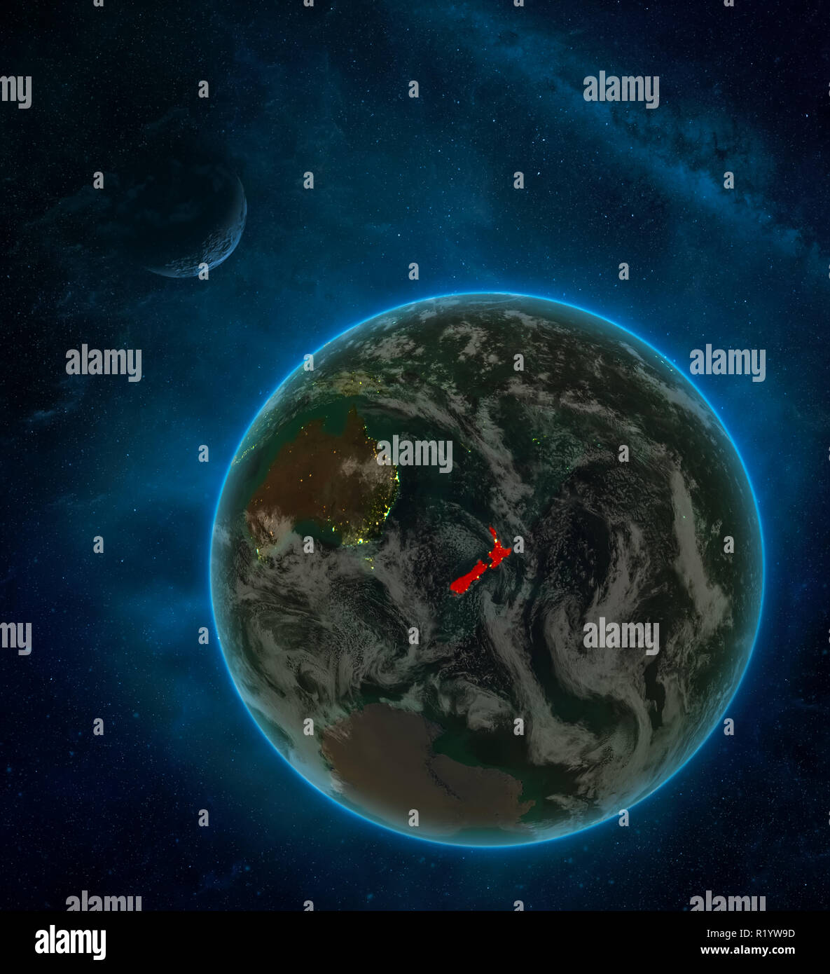 New Zealand from space on Earth at night surrounded by space with Moon ...