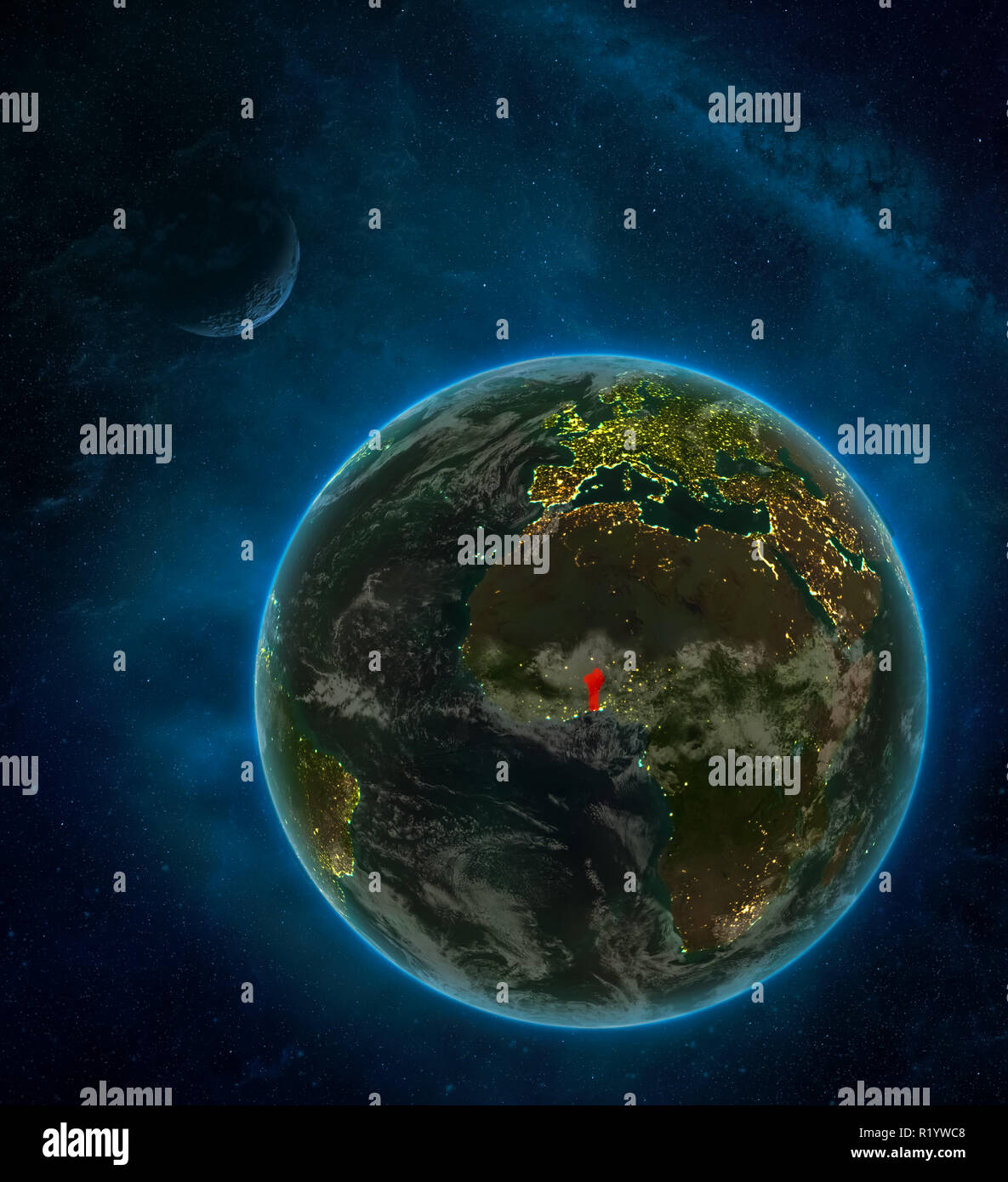 Benin from space on Earth at night surrounded by space with Moon and ...