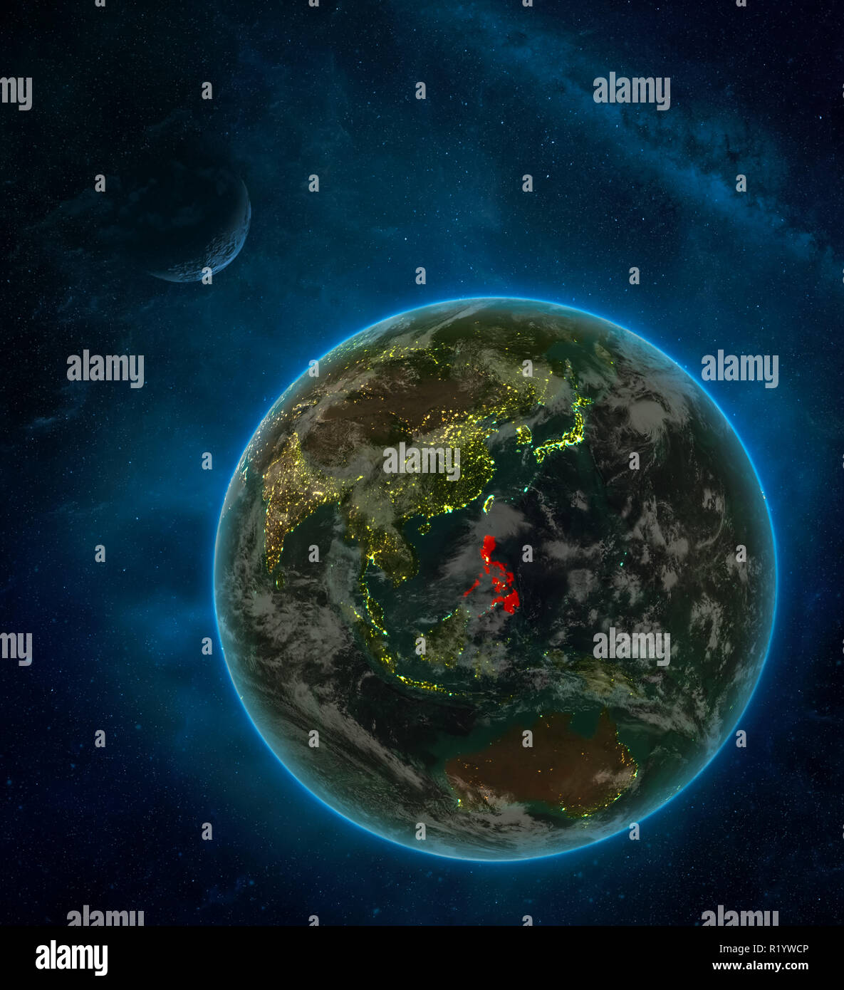 Philippines from space on Earth at night surrounded by space with Moon ...