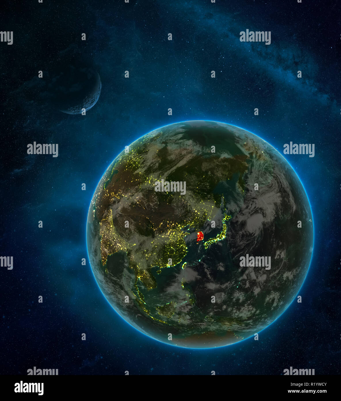 South Korea from space on Earth at night surrounded by space with Moon ...