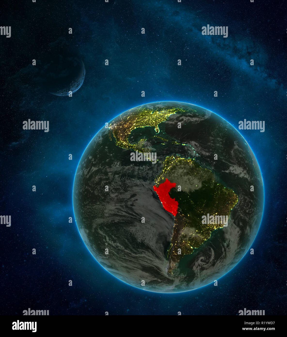Peru from space on Earth at night surrounded by space with Moon and ...