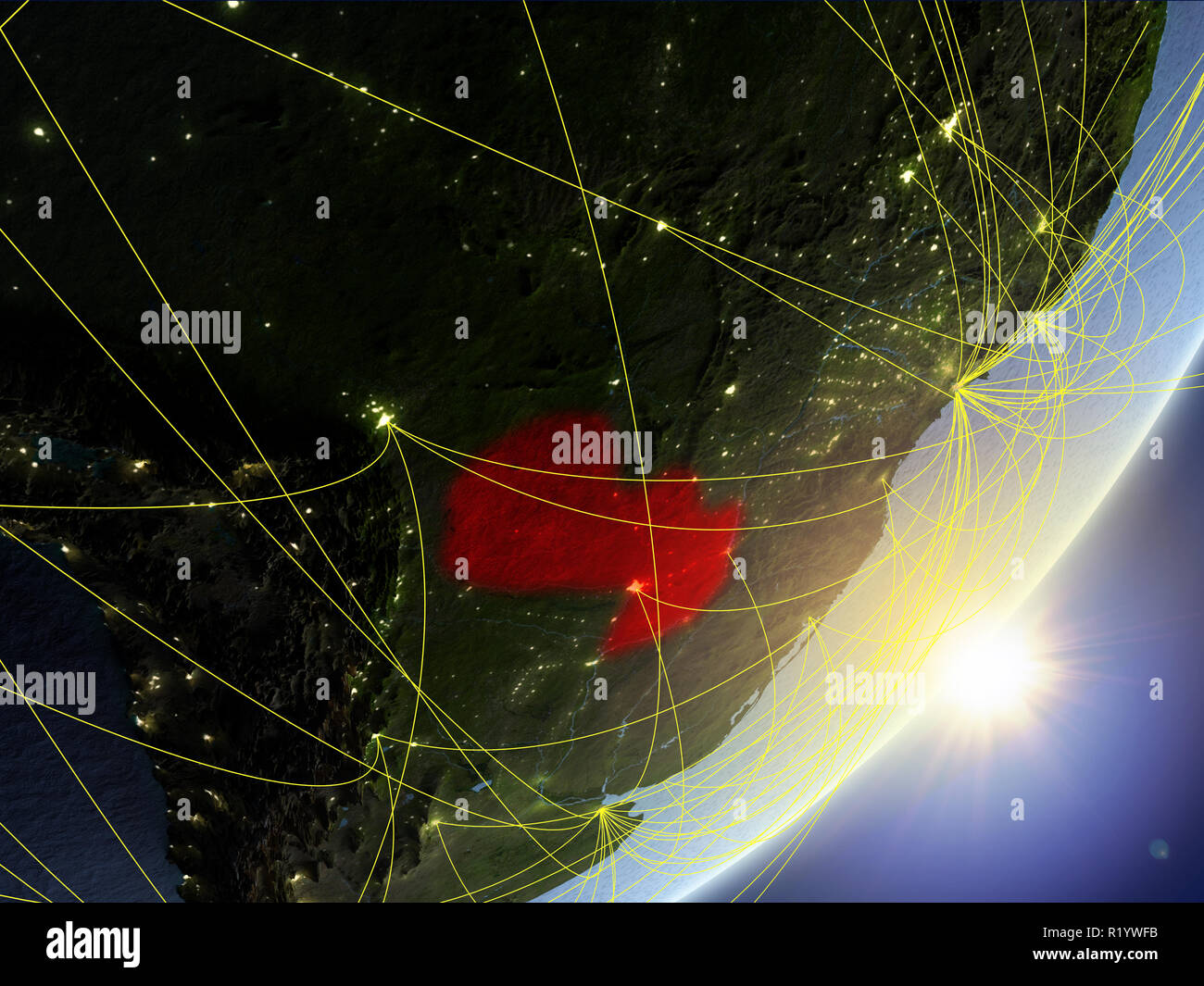 Paraguay on model of planet Earth with network during sunrise. Concept ...