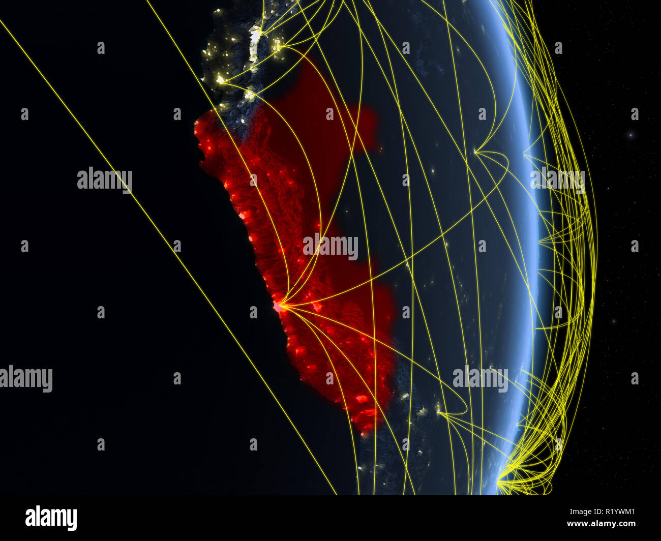 Peru at night on planet planet Earth with network. Concept of ...