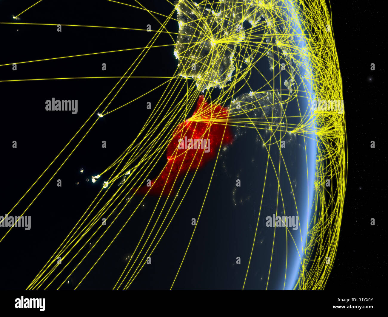 Morocco at night on planet planet Earth with network. Concept of ...