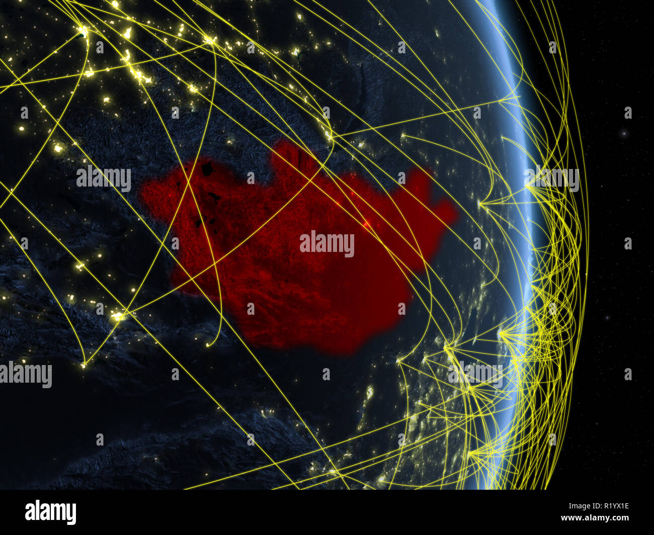 Mongolia at night on planet planet Earth with network. Concept of ...