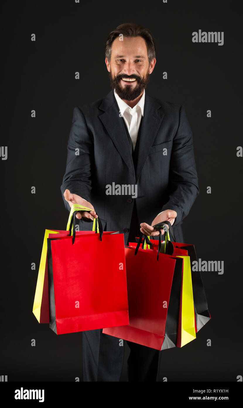 Shopper concept. Happy shopper with shopping bags. Shopper addict with ...