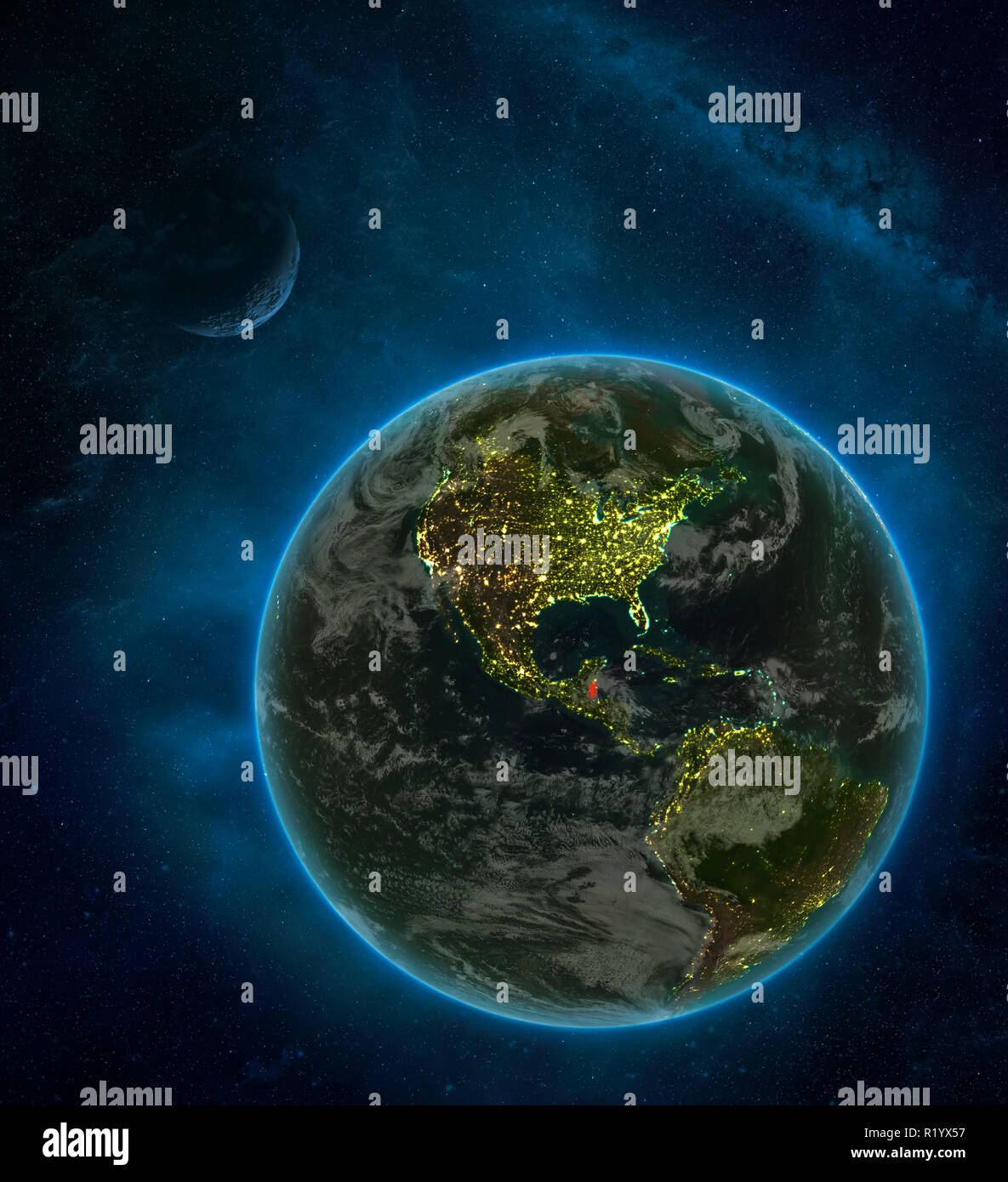 Belize from space on Earth at night surrounded by space with Moon and ...