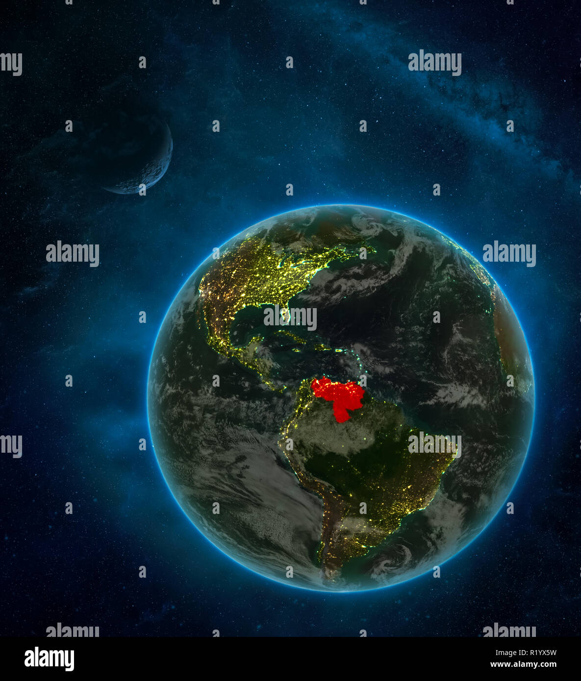 Venezuela from space on Earth at night surrounded by space with Moon ...