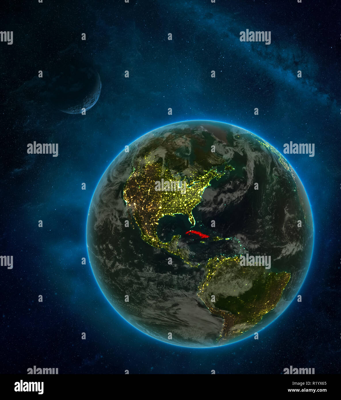 Cuba from space on Earth at night surrounded by space with Moon and ...