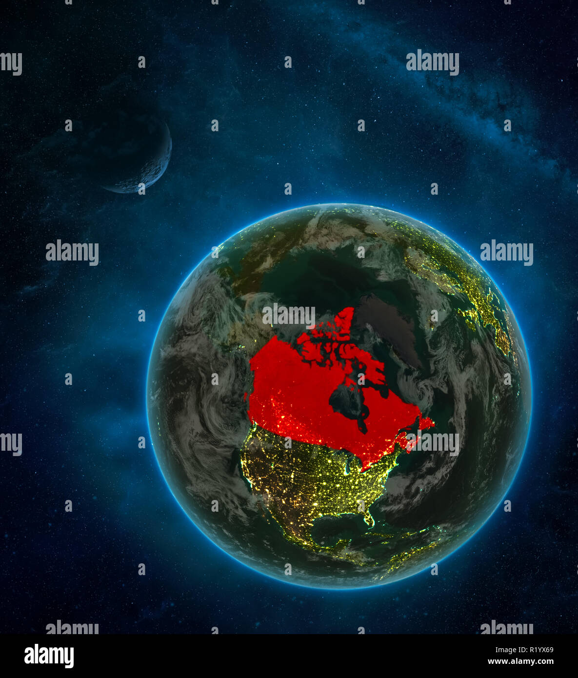 Canada from space on Earth at night surrounded by space with Moon and ...