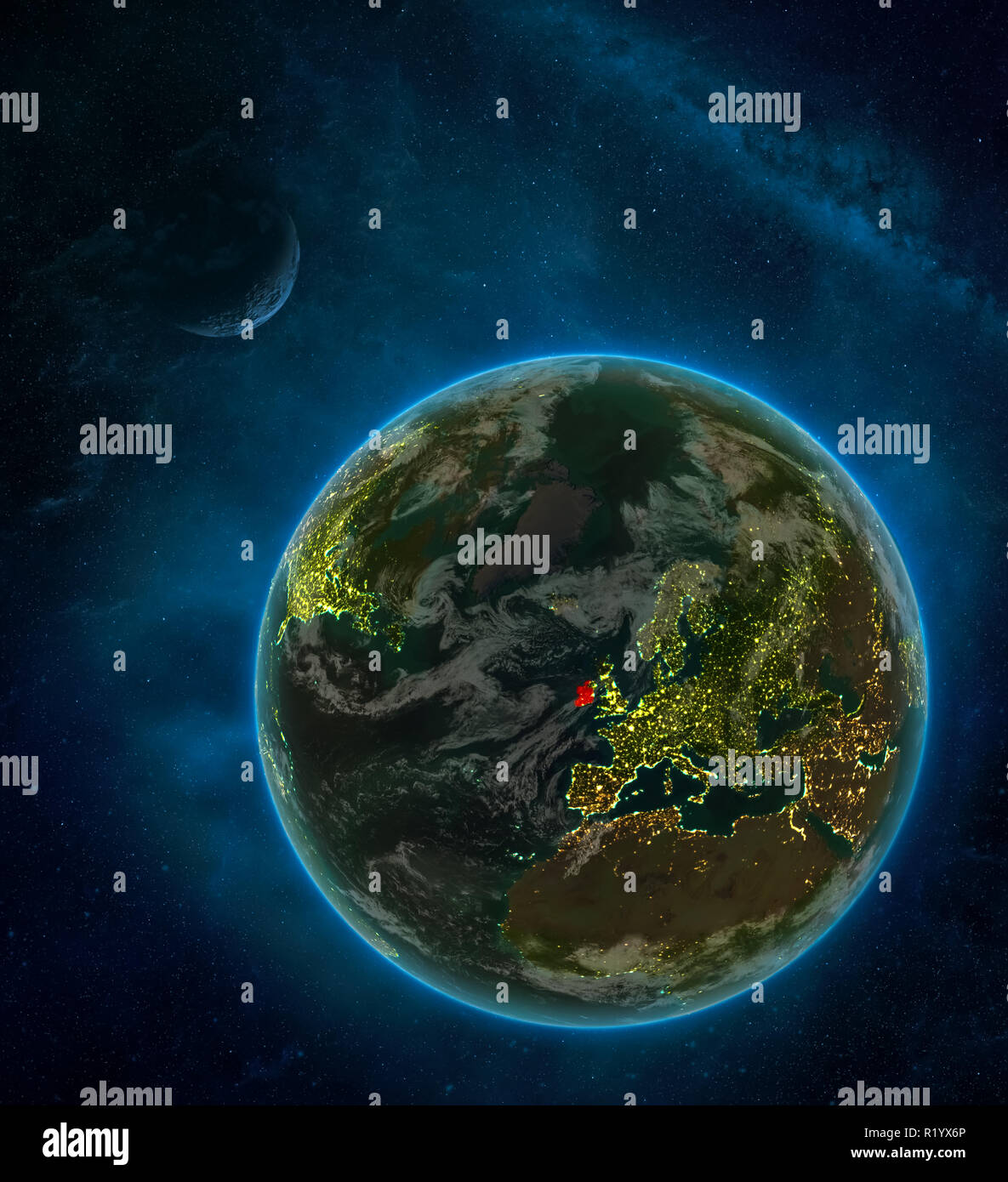 Ireland from space on Earth at night surrounded by space with Moon and ...
