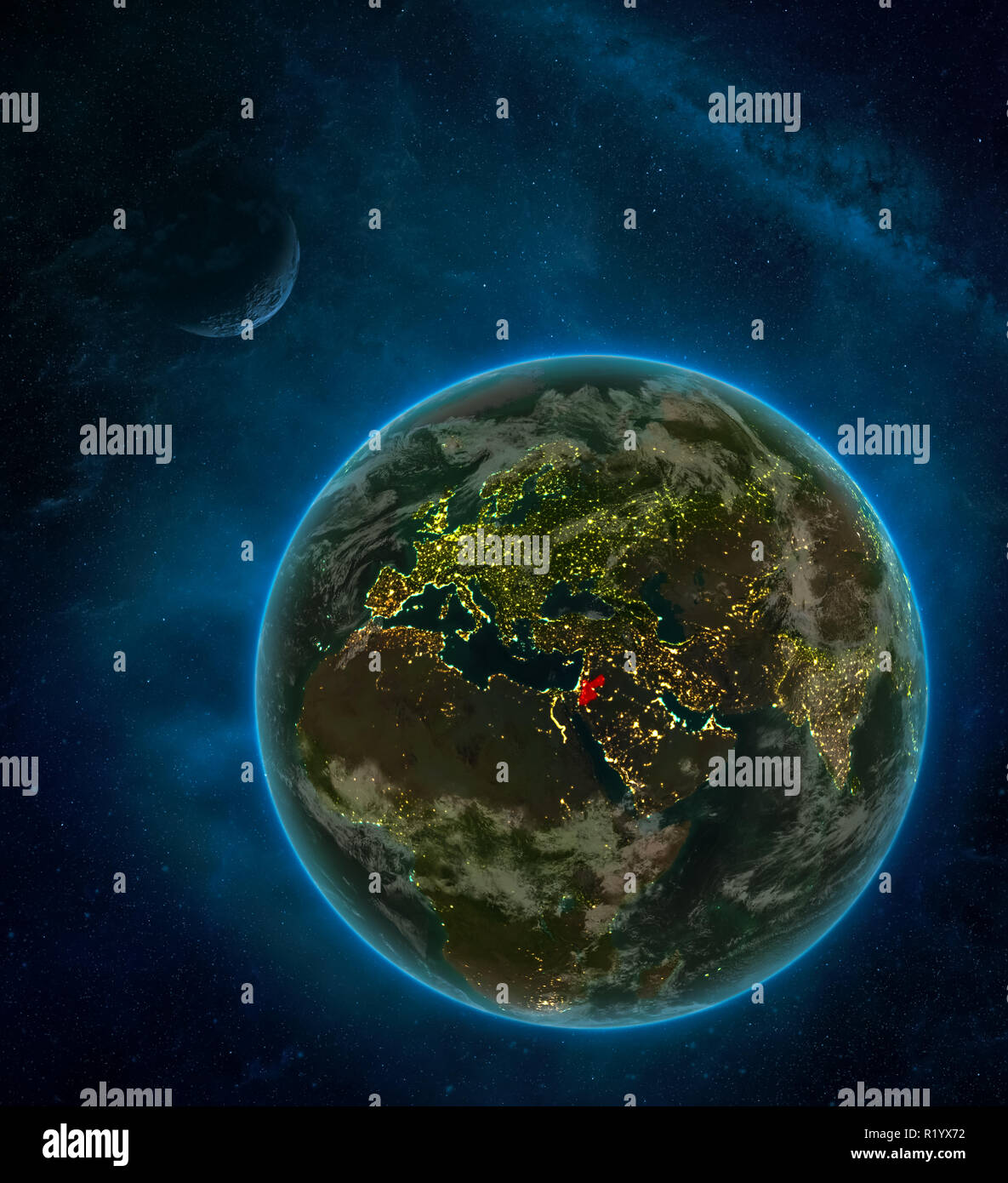 Jordan from space on Earth at night surrounded by space with Moon and ...