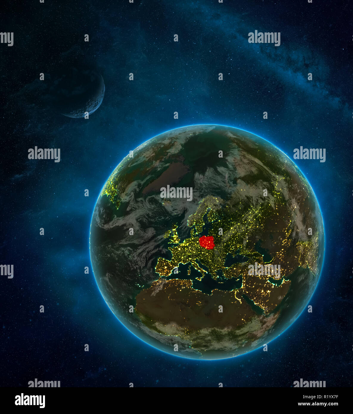 Poland from space on Earth at night surrounded by space with Moon and ...